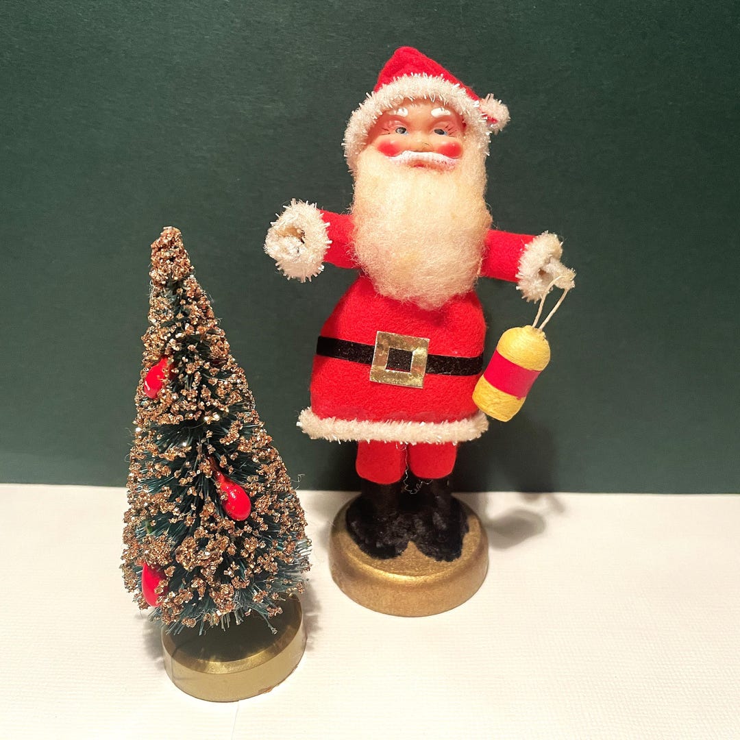 Vintage Felt Santa Figure and Bottle Brush Tree,1950s 5 Chenille Santa ...
