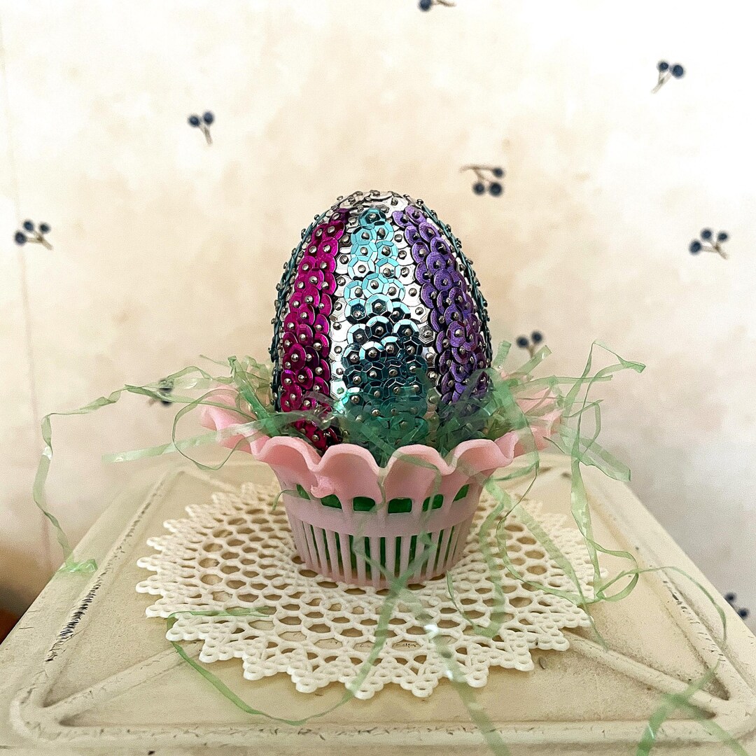 Vintage Easter Egg in Basket, Sequin Egg, Pink Plastic Basket, 1950s ...