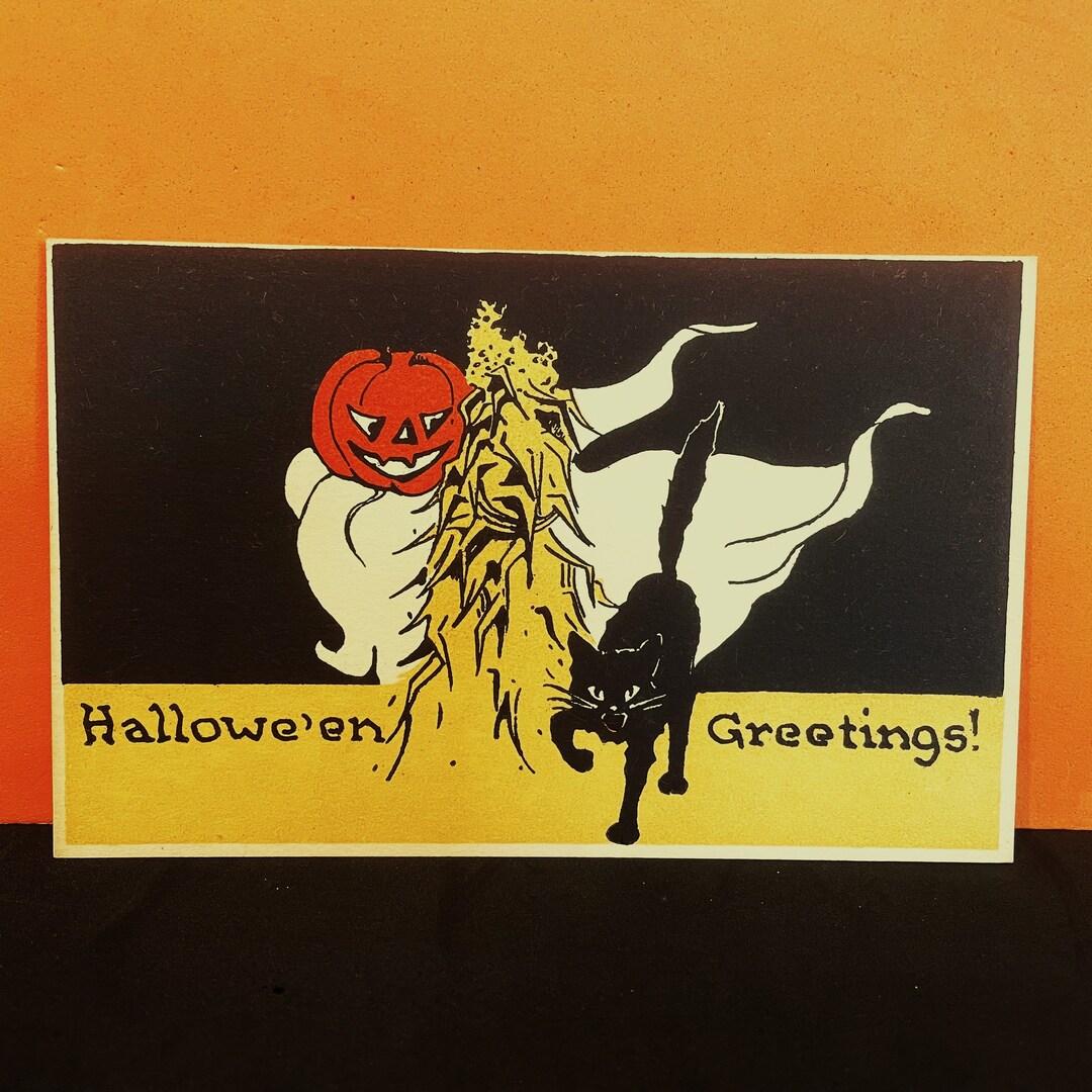 Antique Halloween Postcard, Pumpkin, Ghost, Black Cat, 1910's, Art Deco ...