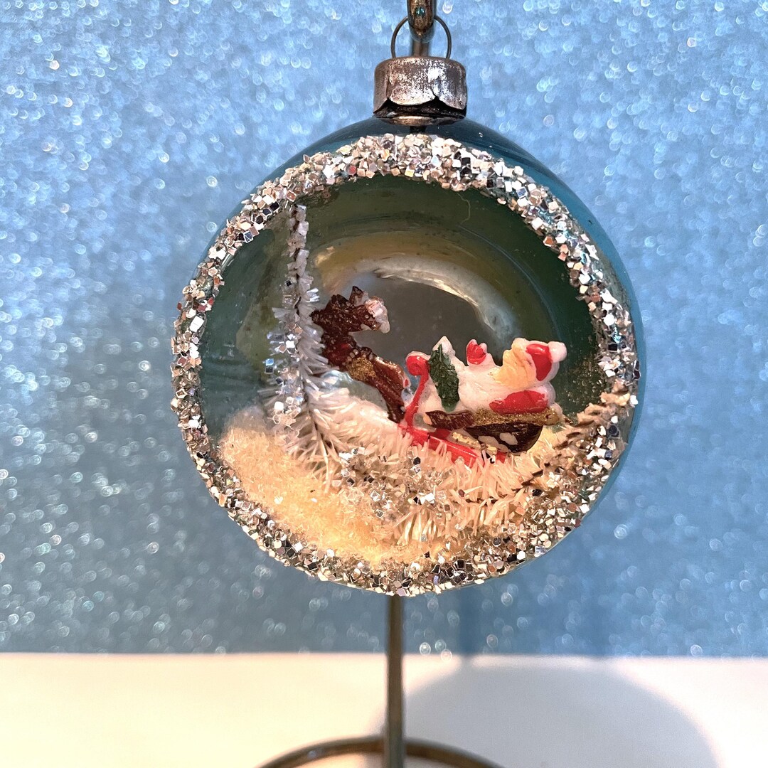 Vintage Shiny Brite Christmas Diorama, Celluloid Santa in Sleigh ...