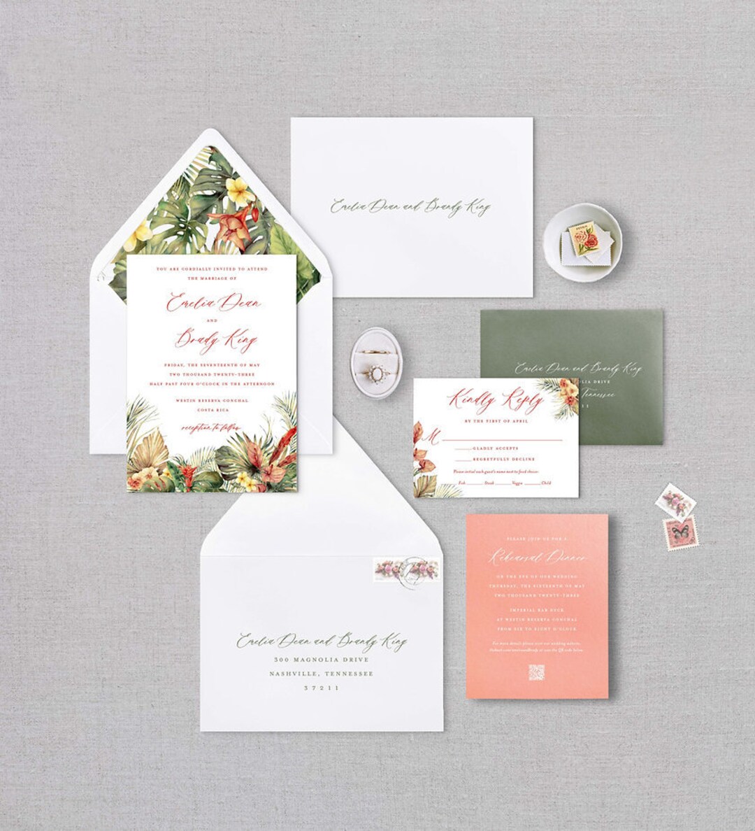 Tropical Watercolor Wedding Suite Floral Invitations Stationery ...