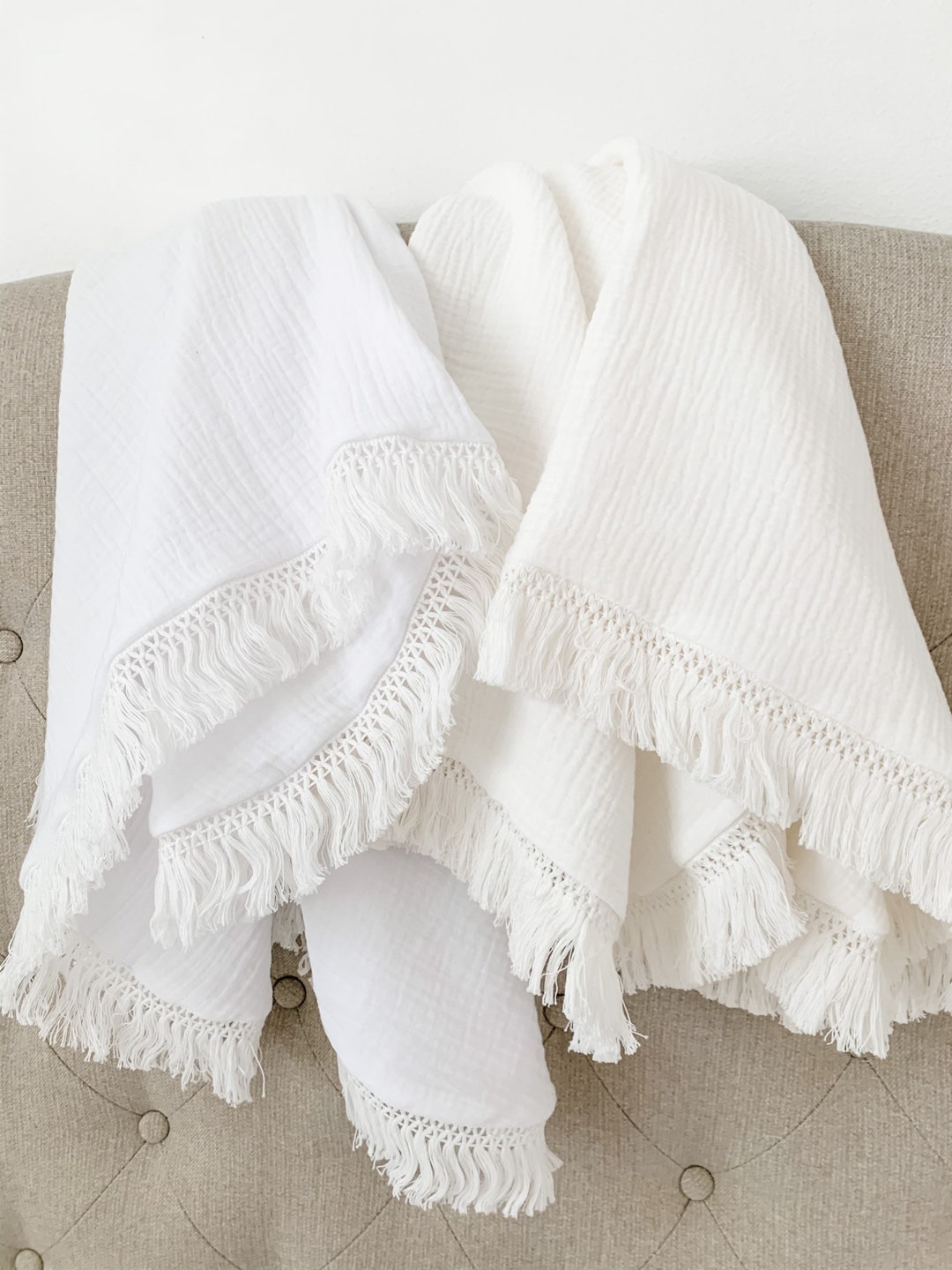 White and off White Muslin Swaddle Blanket Fringe Trim Blanket, Baby ...