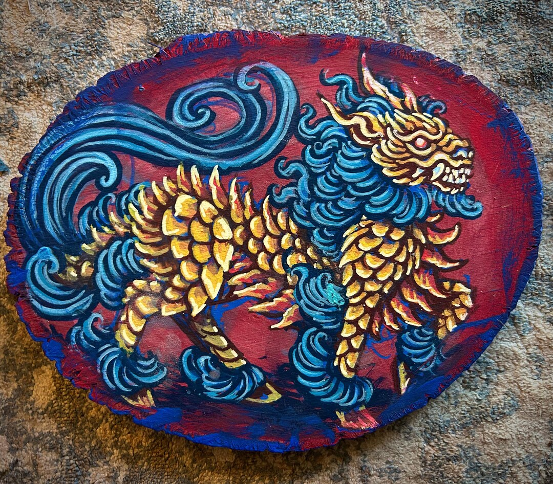 Golden Kirin | Handpainted Wooden Wall Slab - Etsy