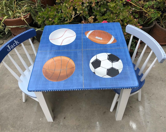 Sports Table & Chair Set, Hand Painted Children's Furniture, Boys Table ...