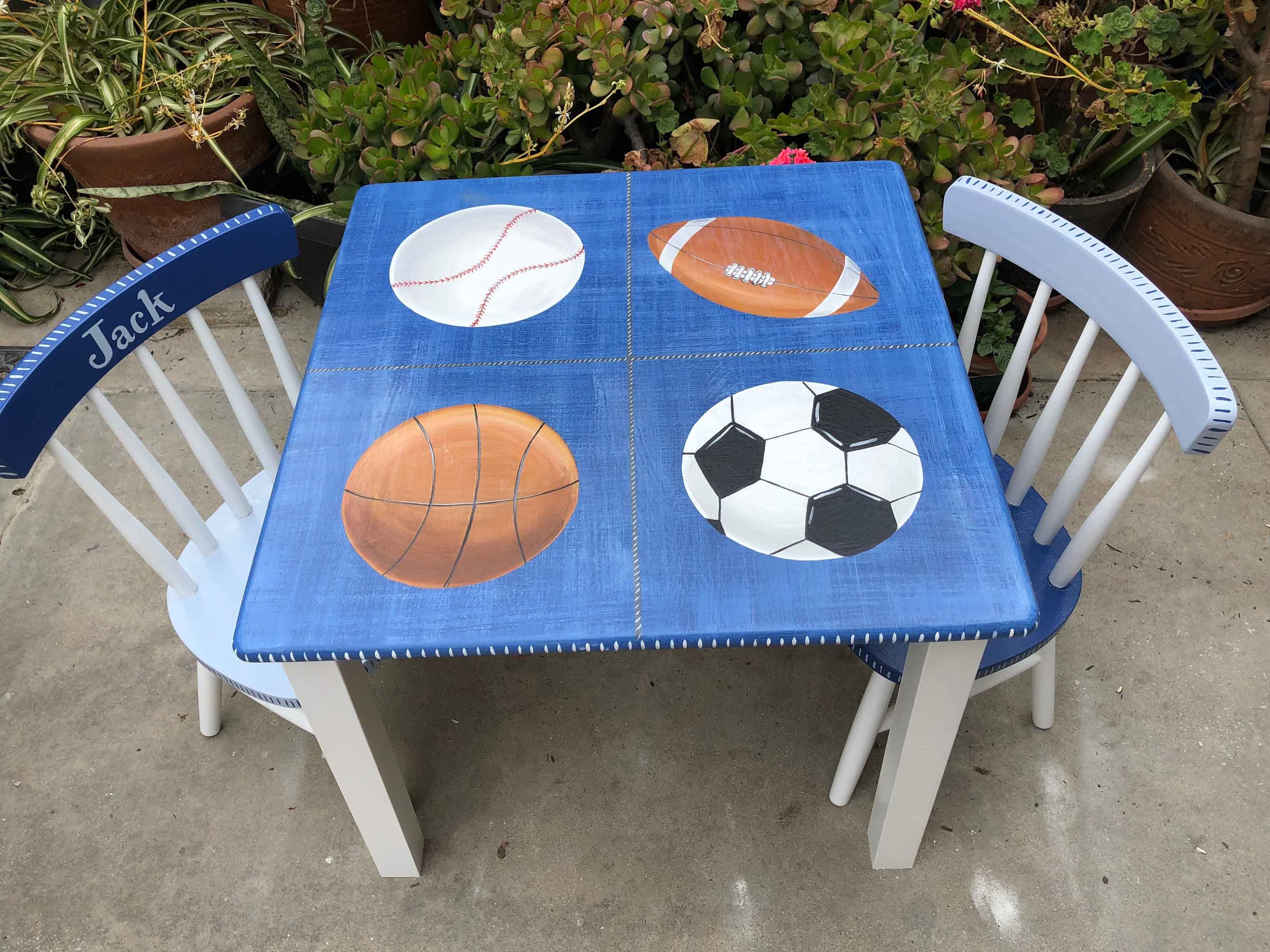 Sports Table & Chair Set, Hand Painted Children's Furniture, Boys Table ...