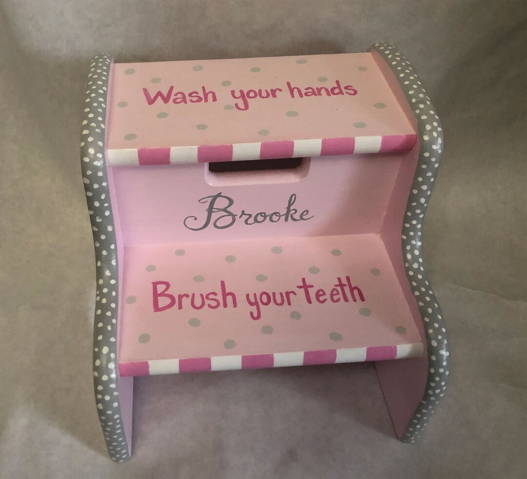Wash Your Hands, Brush Your Teeth Step Stool, Hand Painted Step Stool ...