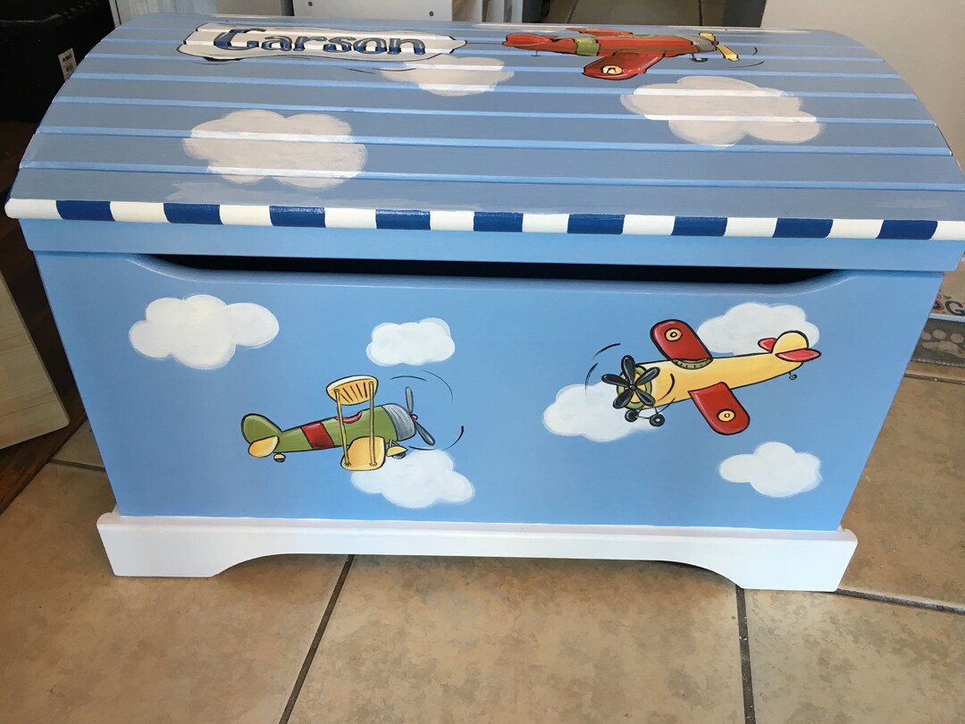 Airplane Toy Box, Painted Toy Chest, Children's Toy Box, Hand Painted ...