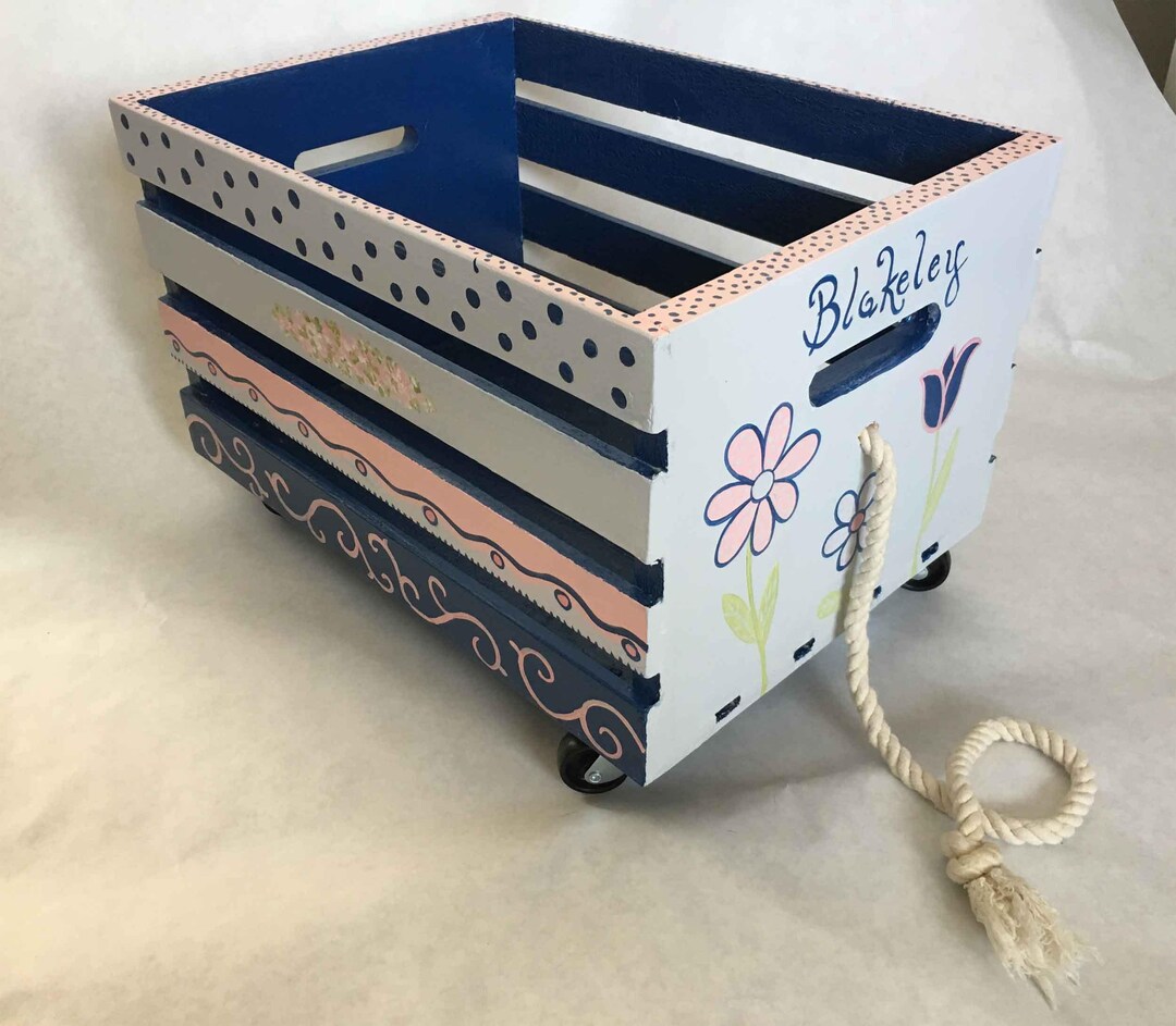 Toy Box Crate, Girls Book Box Crate, Pull Toy Crate Box, Hand Painted ...