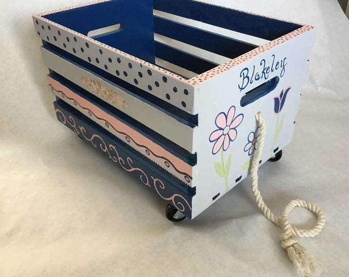 Toy Box Crate, Girls Book Box Crate, Pull Toy Crate Box, Hand Painted ...