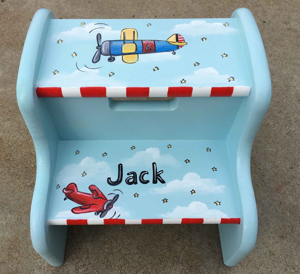 Bi-plane Step Stool, Hand Painted Kids Step Stools, Personalized Step ...