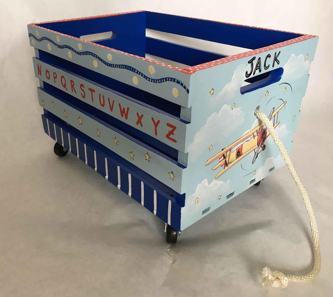 Airplane Crate Toy Box, Book Storage, Hand Painted Toy Box, Kids Crate ...