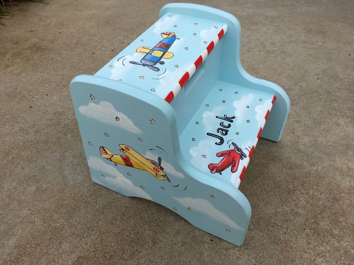 Bi-plane Step Stool, Hand Painted Kids Step Stools, Personalized Step ...