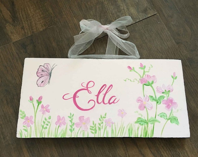 Girls Name Sign, Hand Painted Flower Name Sign, Girls Door Sign, Kids ...
