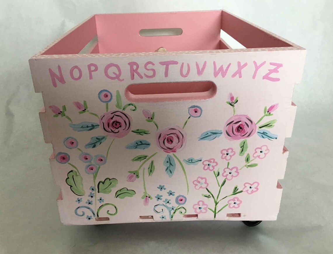 Pink Flower Crate Toy Box, Crate Book Box, Kids Crate Toy Box, Girls ...