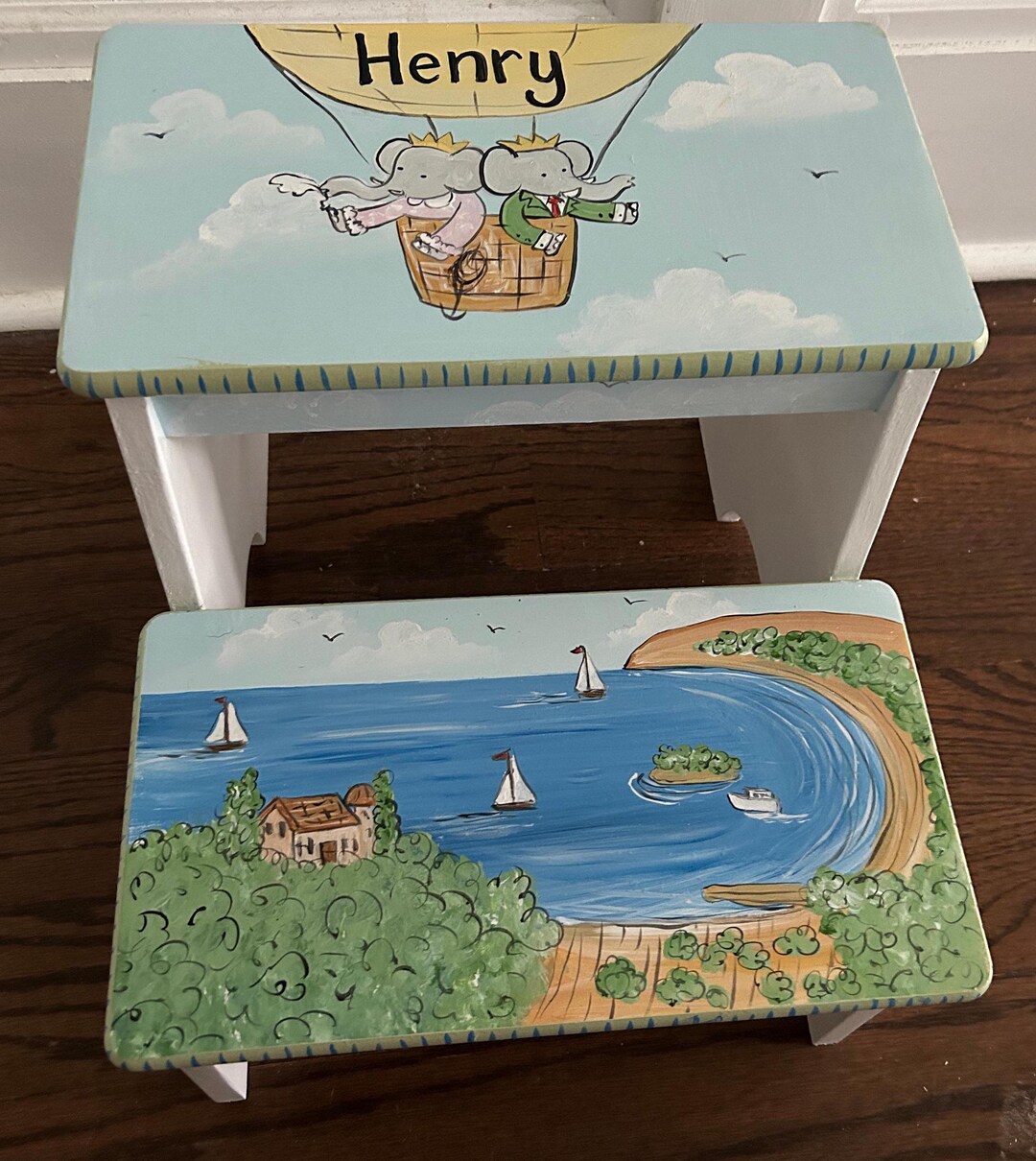 Babar Step Stool, Kids Painted Step Stool, Hand Painted Kids Furniture ...