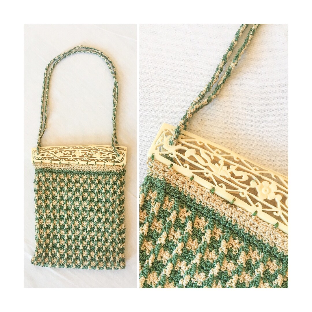 1910 - 1920s Carved Bone Purse / Ecru Vintage Silk Crocheted Knit Purse ...