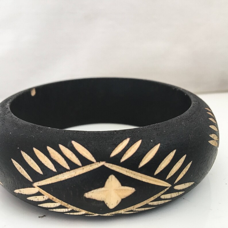 Wood Carved Bangle: Chunky Black & Beige Tribal Bangle - Etsy