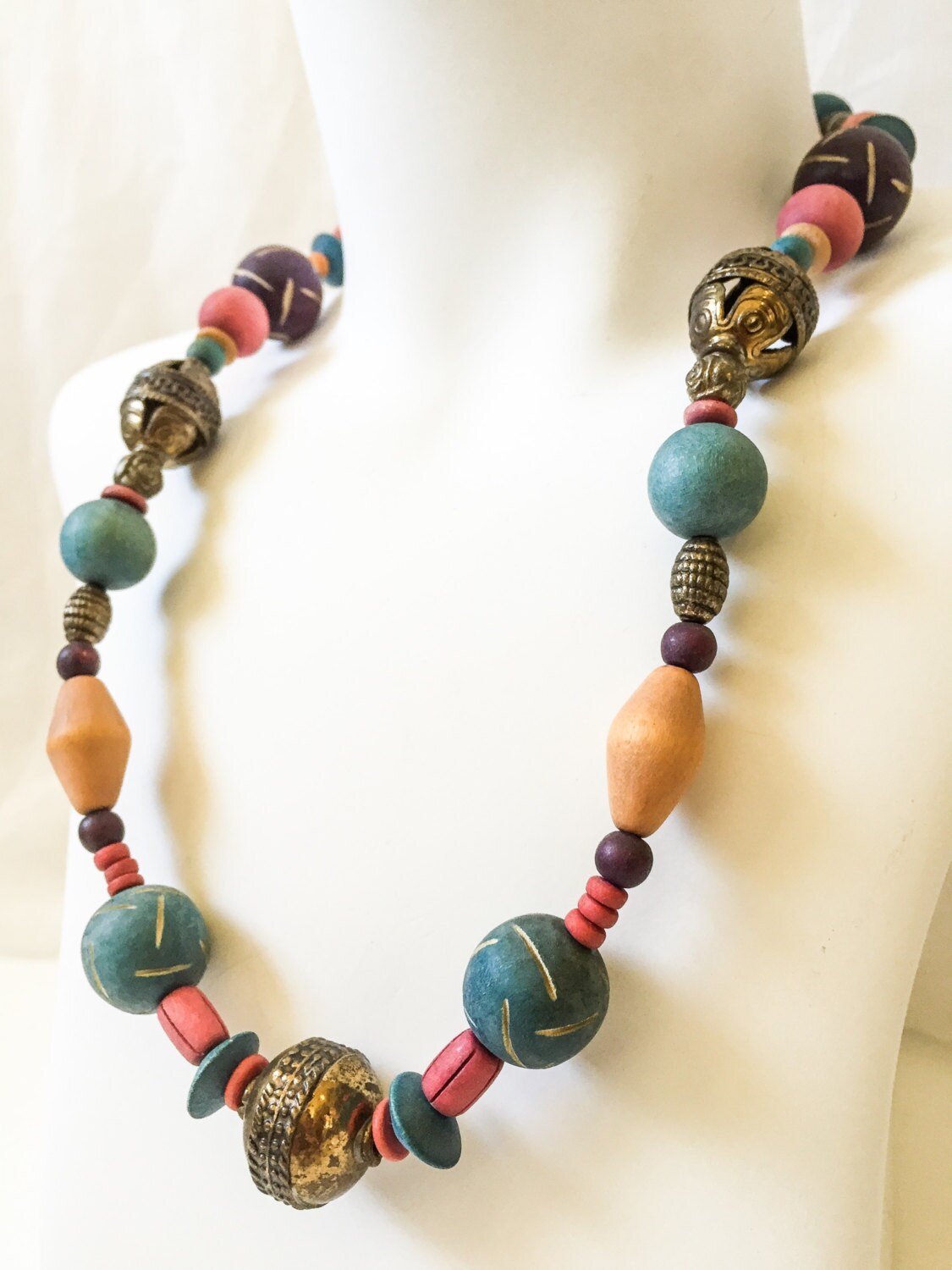 Vintage 1970s Wood and Brass Necklace // Faded Jewel Tones // | Etsy
