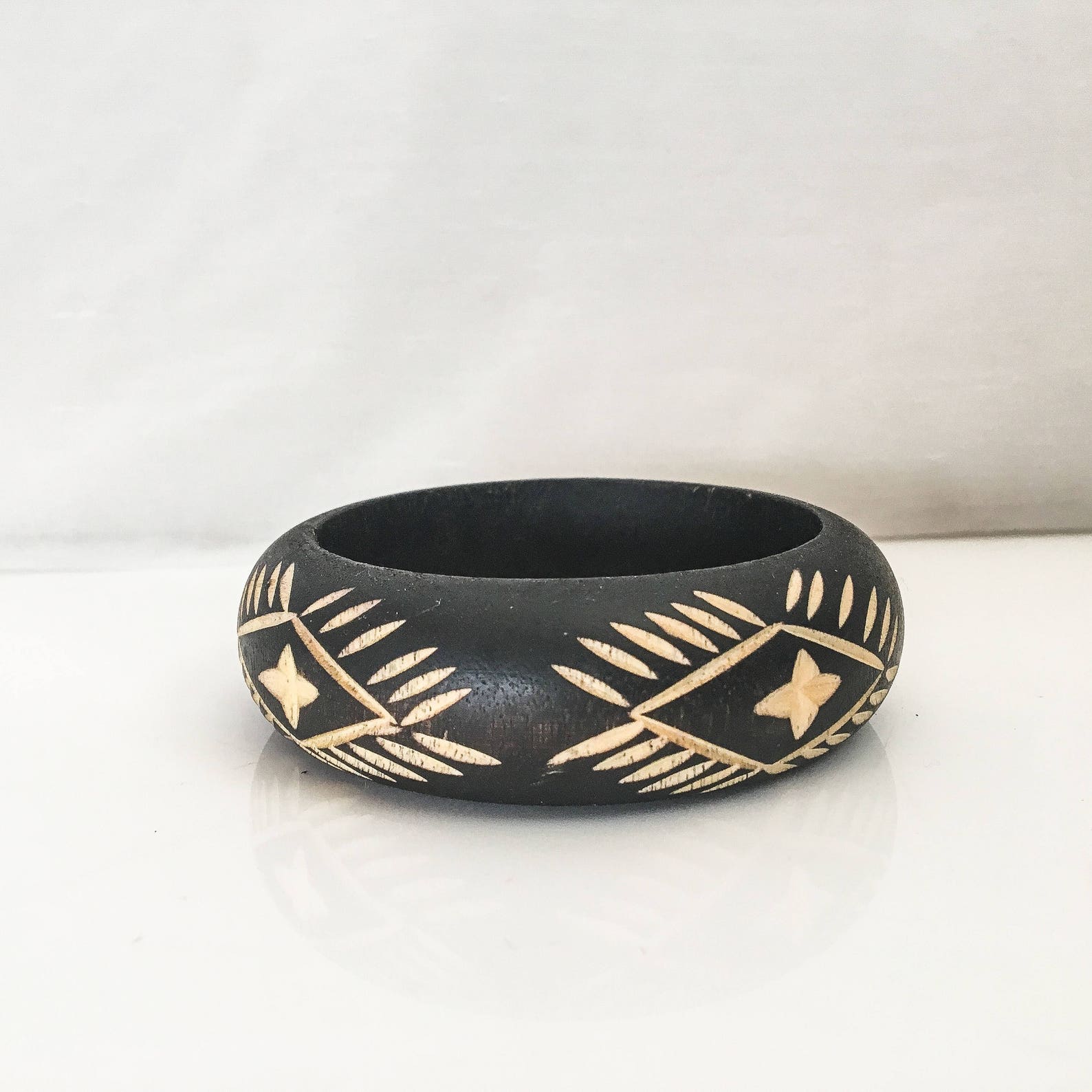 Wood Carved Bangle: Chunky Black & Beige Tribal Bangle - Etsy