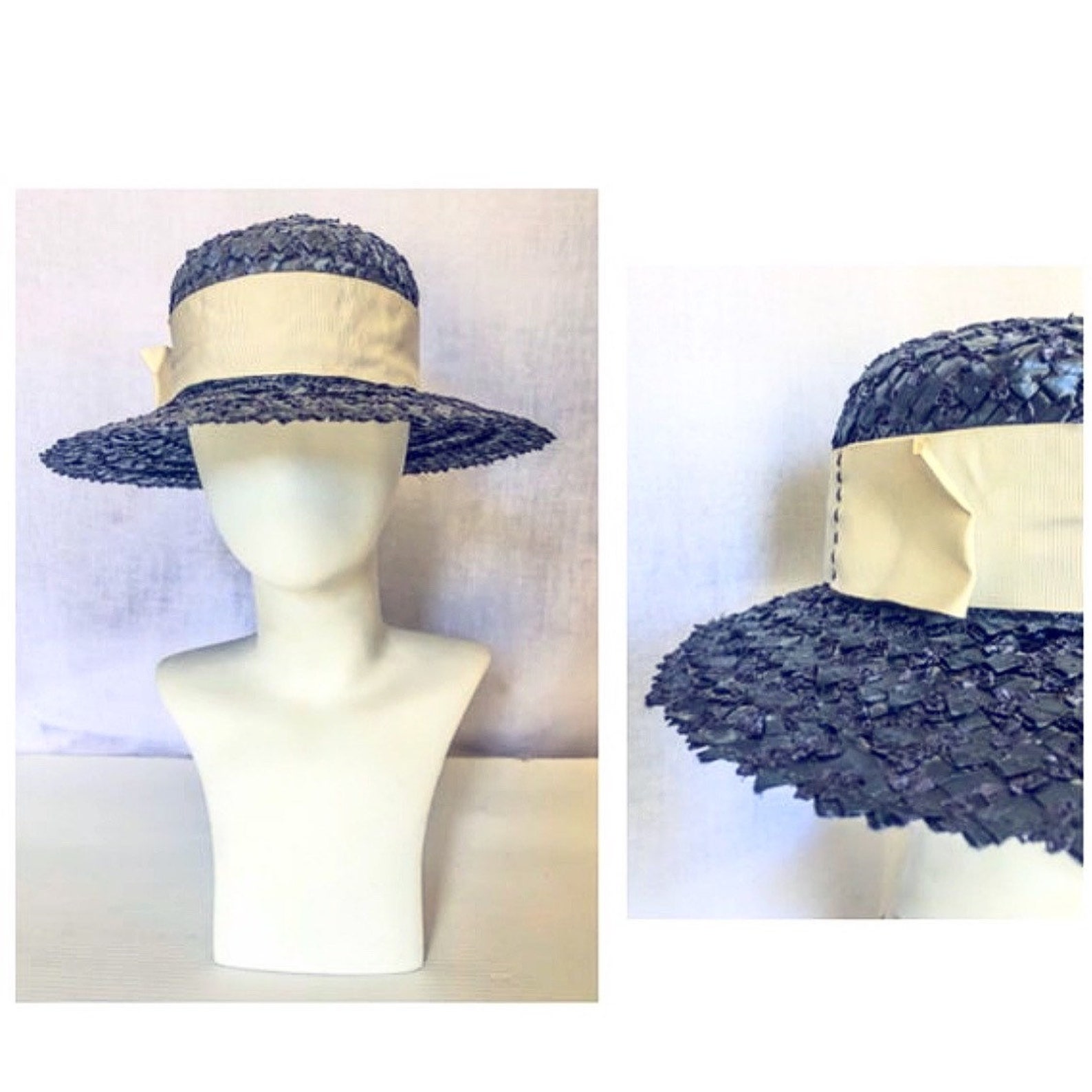 Womens Vintage 50s 60s Sun Hat / 1960s Navy Raffia Sun Hat W/ | Etsy