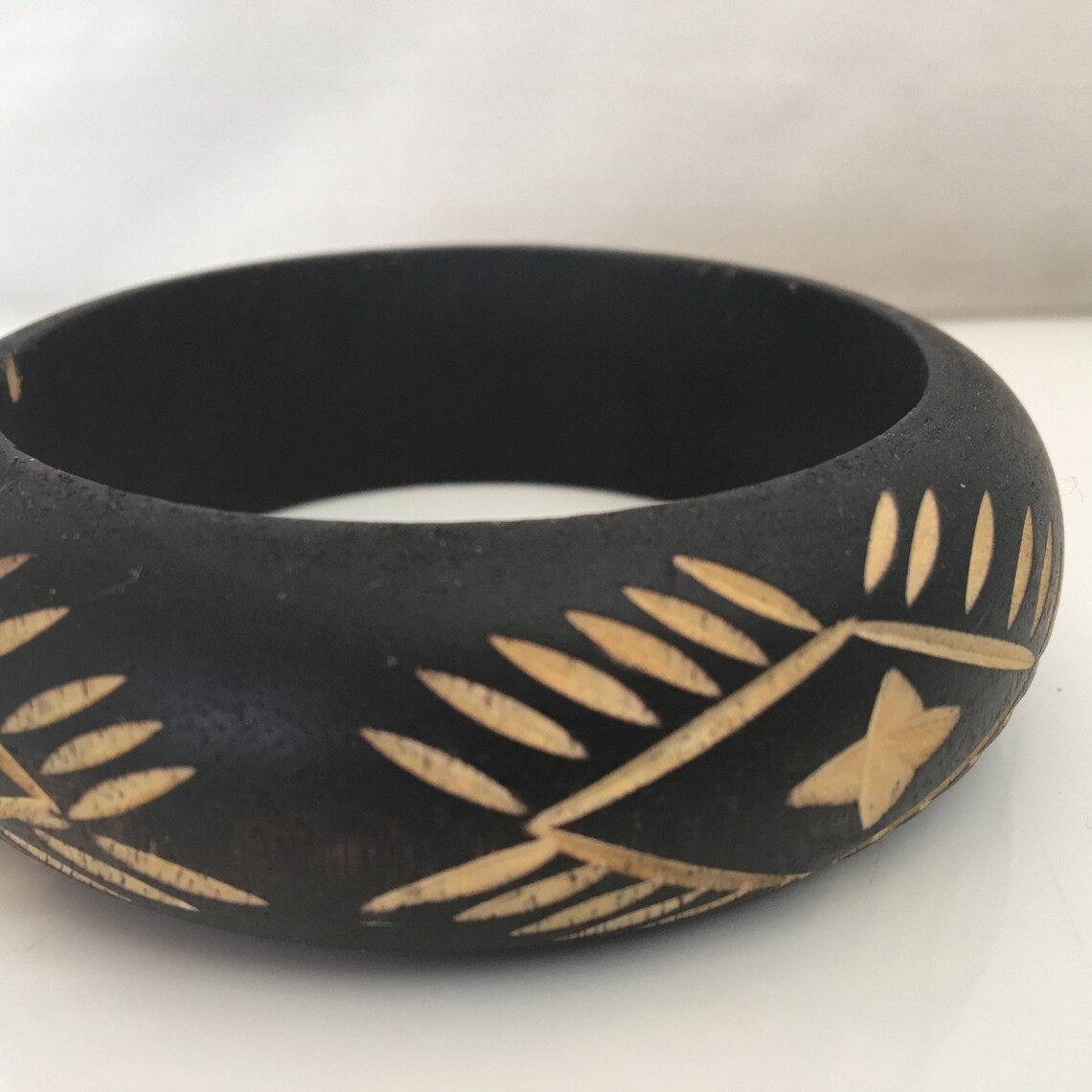 Wood Carved Bangle: Chunky Black & Beige Tribal Bangle - Etsy