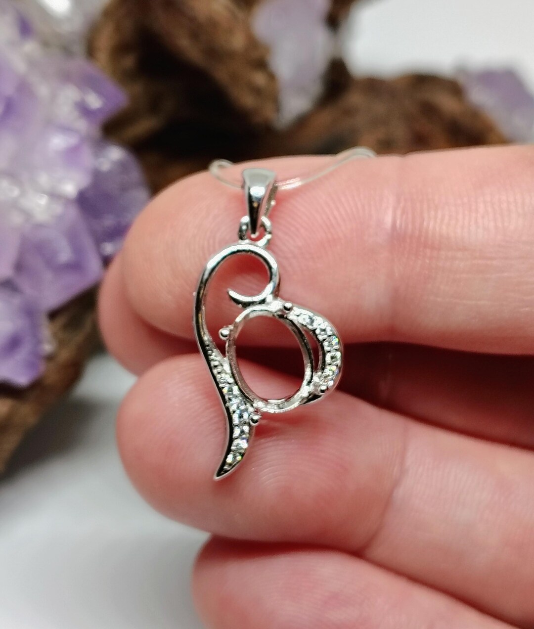 NEW! 9x7 Oval With Czs Offset Heart Style Pre-notched Rhodium Sterling ...