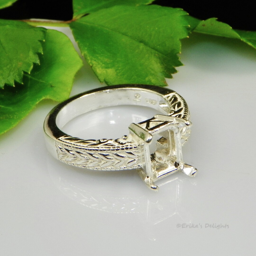 Emerald Engraved Shank (9x7 - 16x12) Sterling Silver Pre-notched RING ...