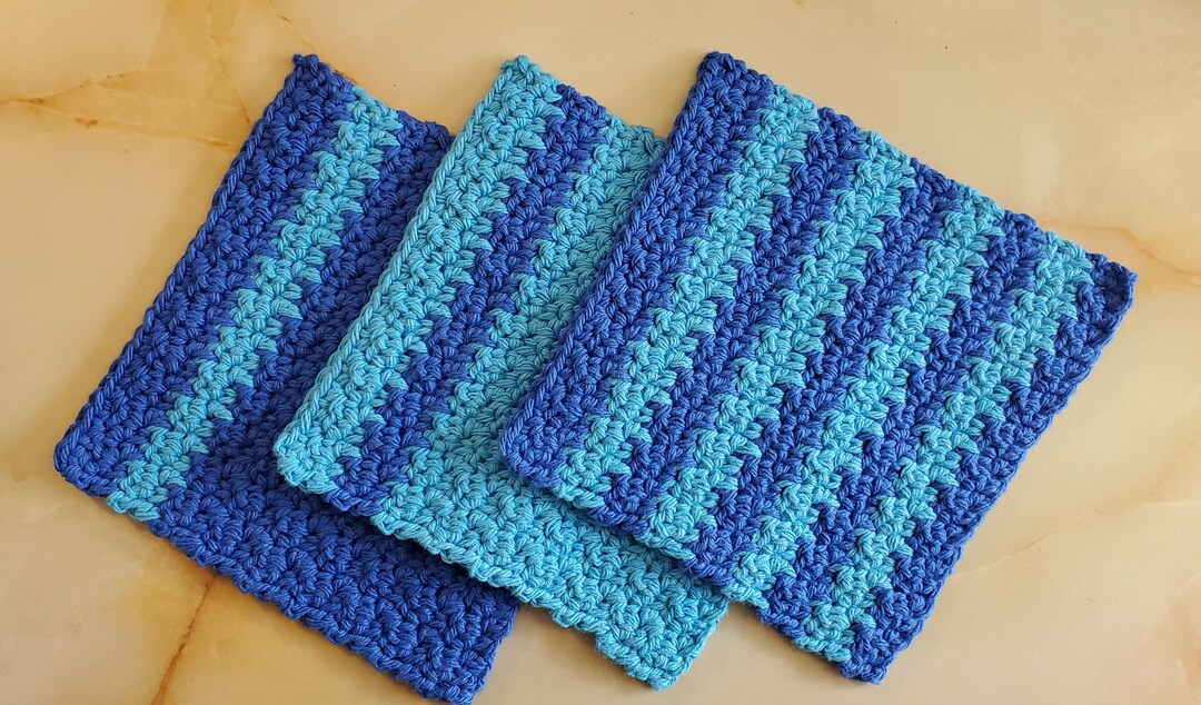 100% Cotton Handmade Dishcloths-set of 3/ TWO BLUES {colorful|washcloth ...