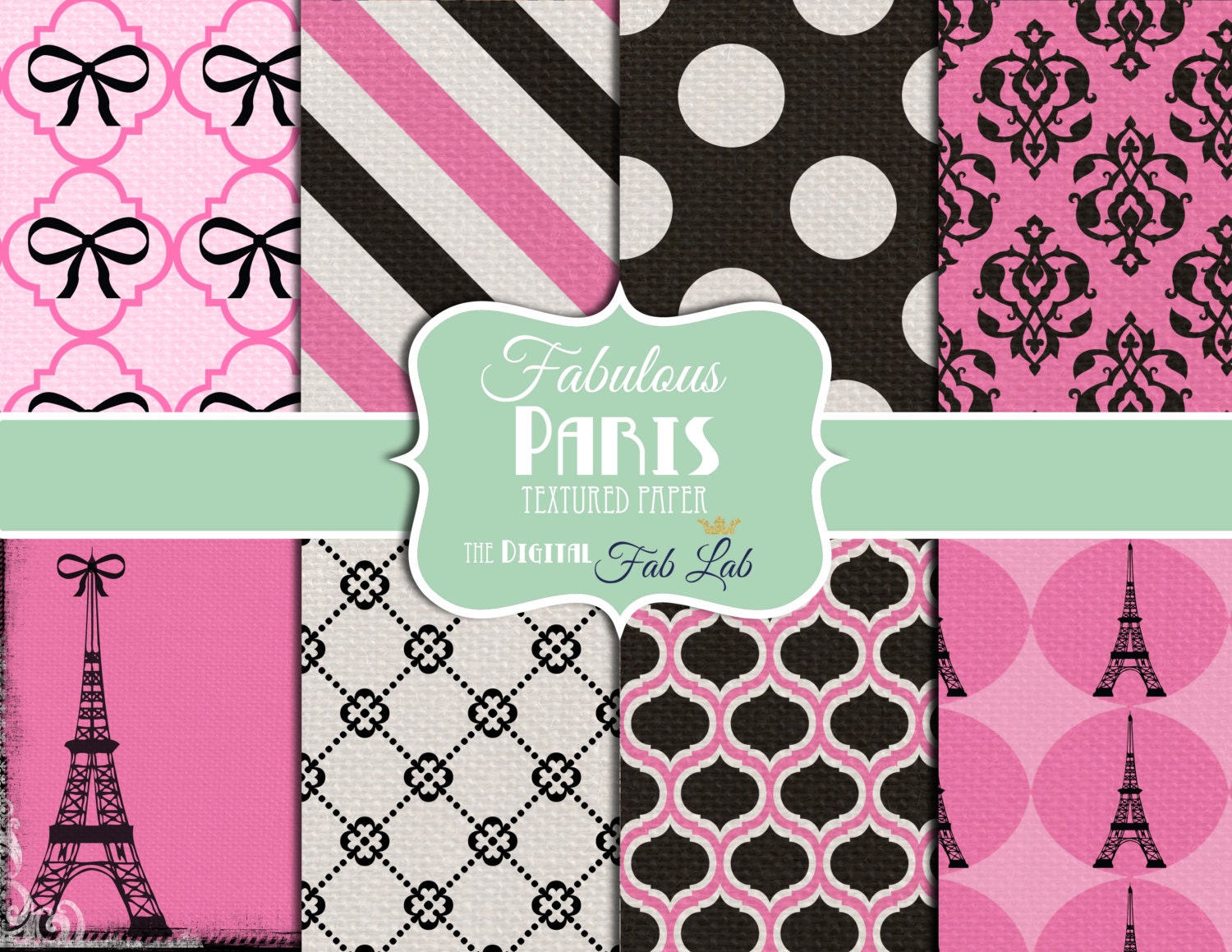 Paris Paper, Pink and Black Textured Digital Paper, Eifel Tower, Polka ...