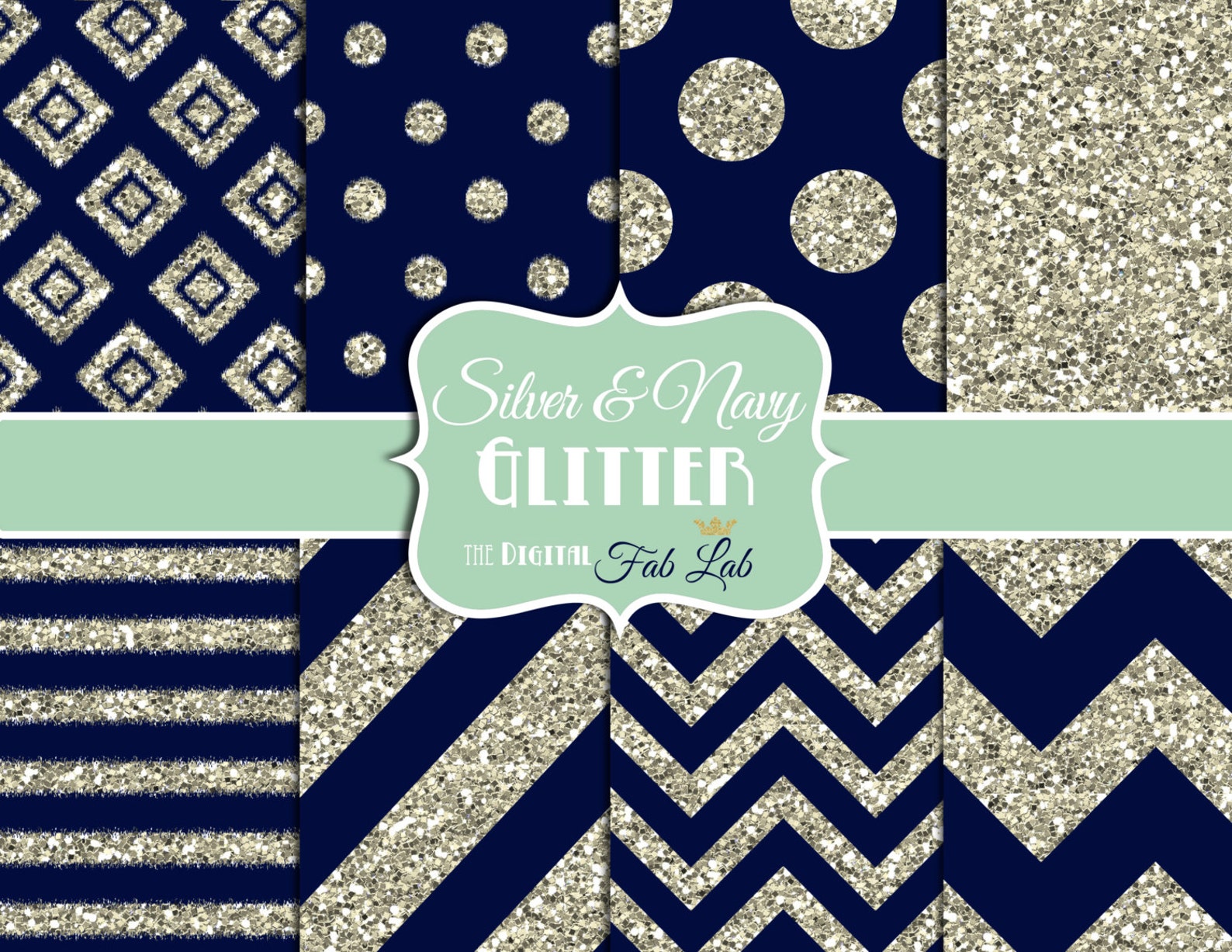 Navy and Silver, Glitter, Chevron, Stripes, Polka Dots, Digital Paper ...
