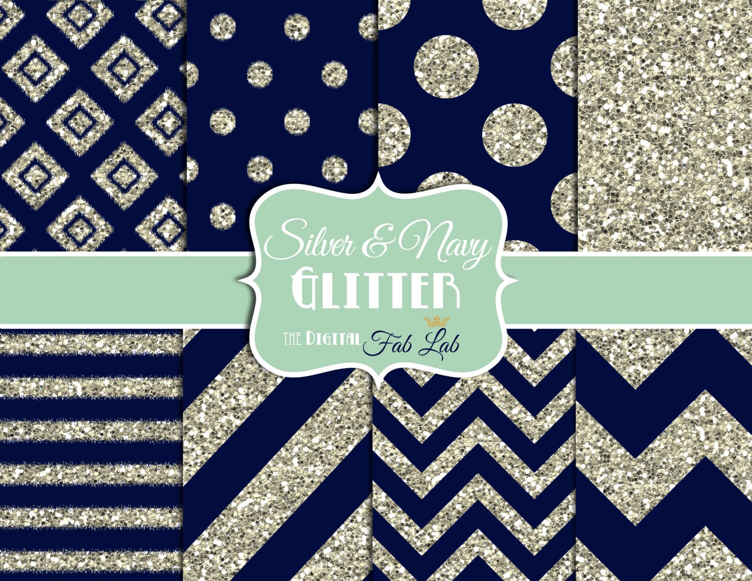 Navy and Silver, Glitter, Chevron, Stripes, Polka Dots, Digital Paper ...