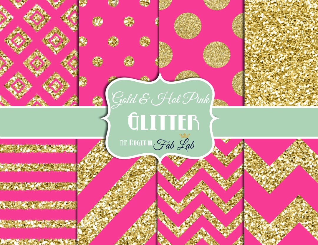 Gold and Hot Pink, Glitter Paper, Sparkling, Chevron, Stripes, Polka ...