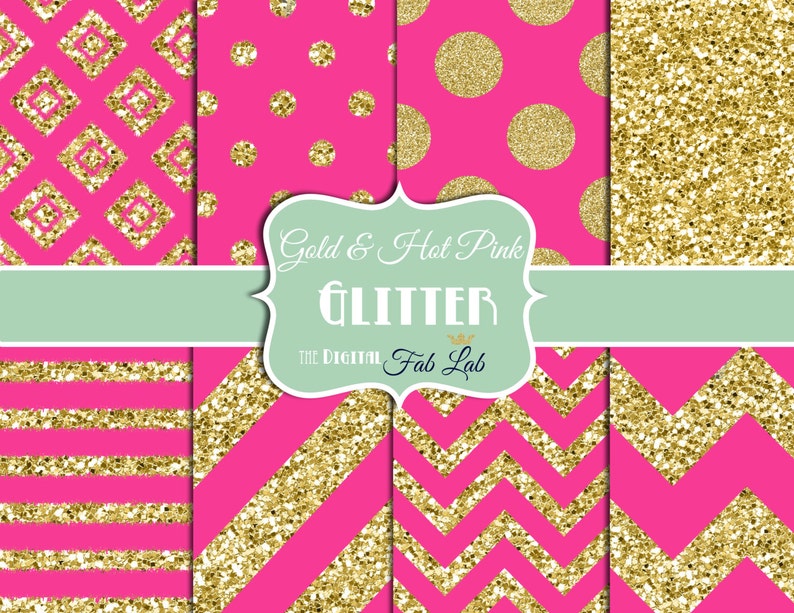 Gold and Hot Pink, Glitter Paper, Sparkling, Chevron, Stripes, Polka ...