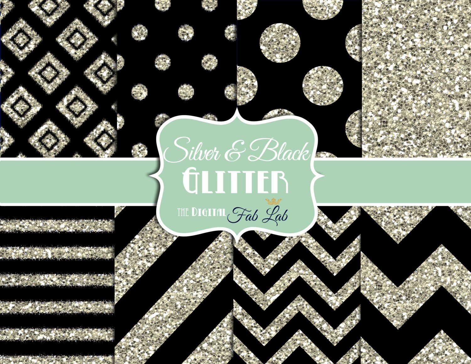 Black and Silver, Glitter Paper, Chevron, Stripes, Polka Dots, Digital ...
