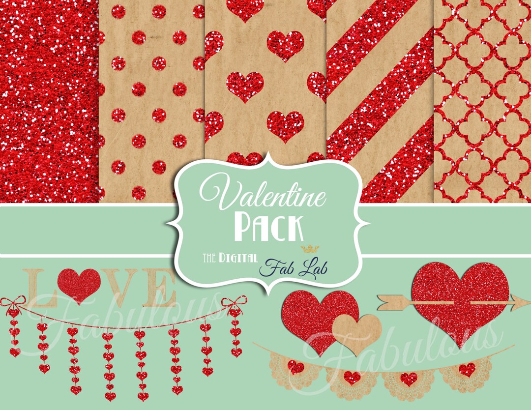 Valentine Clipart, 12x12 Papers, Glitter, Kraft Paper, Digital Clipart ...