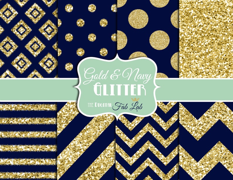 Navy and Gold, Glitter, Chevron, Stripes, Polka Dots, Digital Paper ...