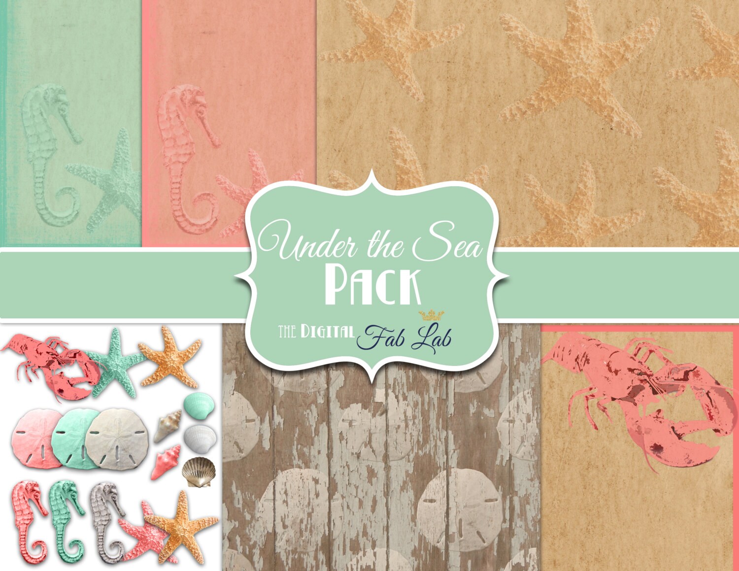 Under the Sea, Beach Theme, 12x12 Papers, Digital Clipart, Starfish ...