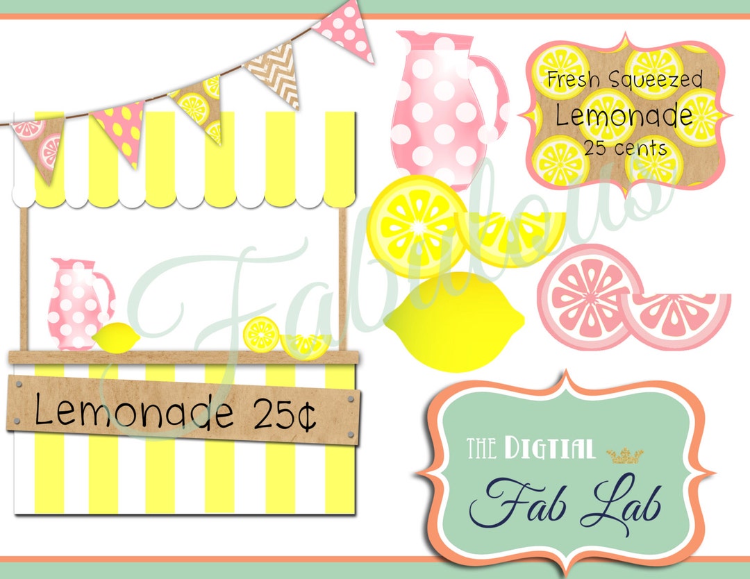 Pink Lemonade, Digital Clipart, Lemonade Stand, Lemons, Banner, Instant ...