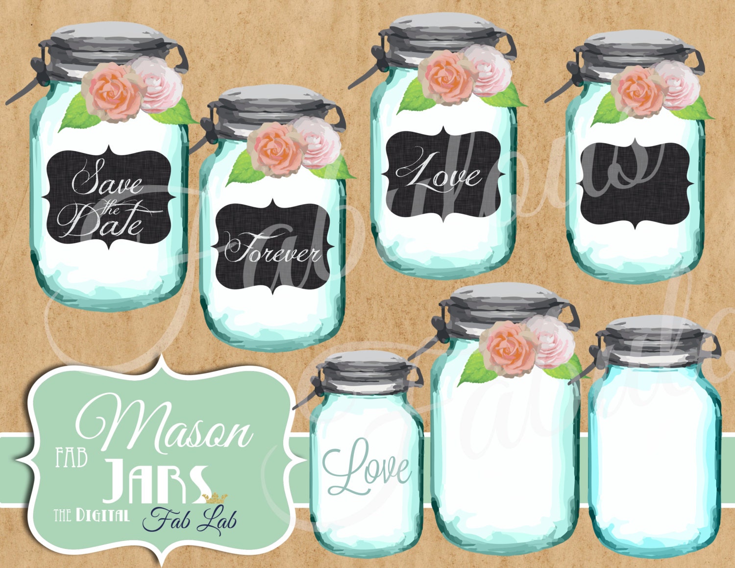 Shabby Chic, Digital Mason Jar, Elements, Flower Embellishments ...