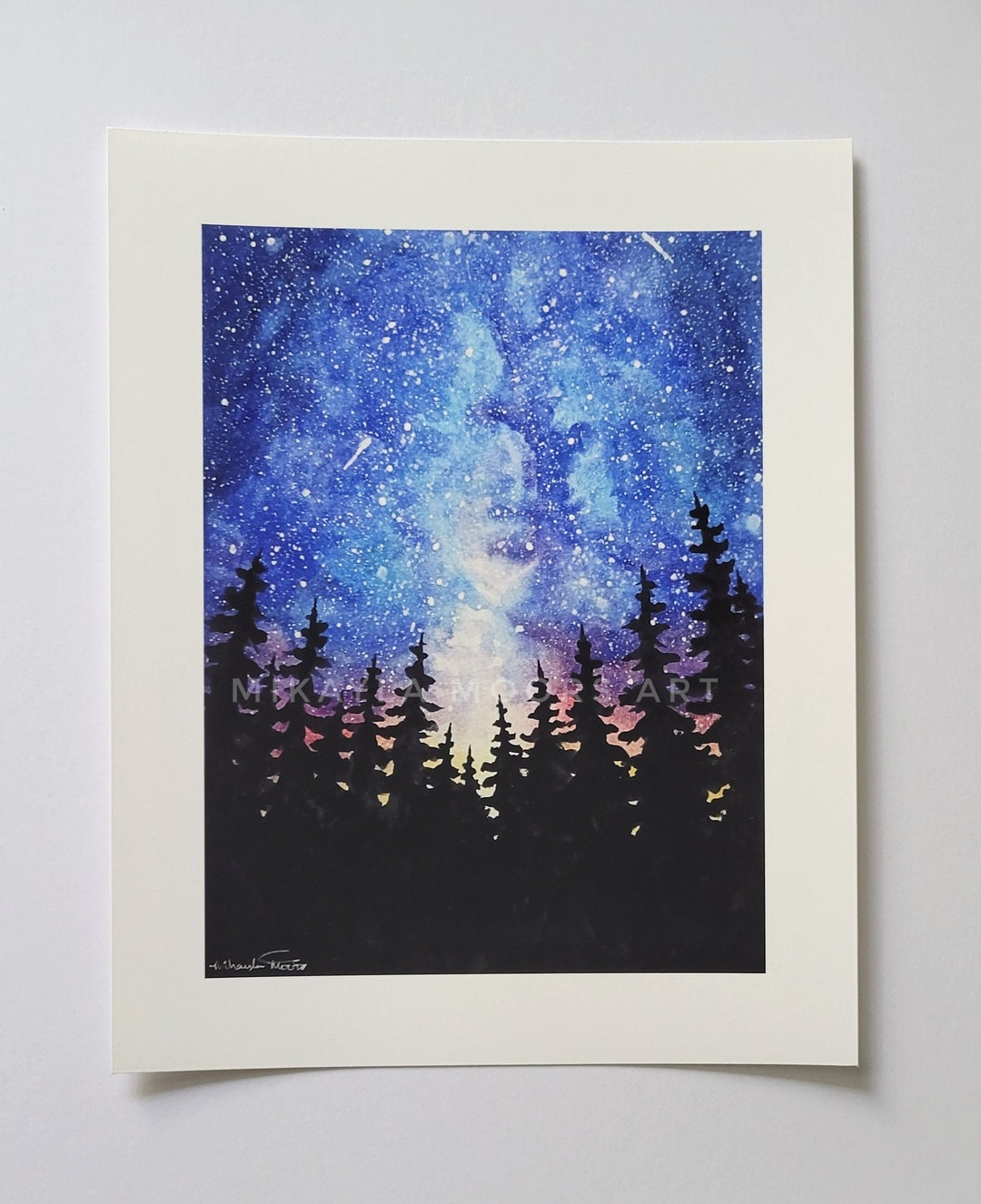 Watercolor Milky Way & Trees Fine Art Giclee Print | 8x10, 9x12, 11x14 ...