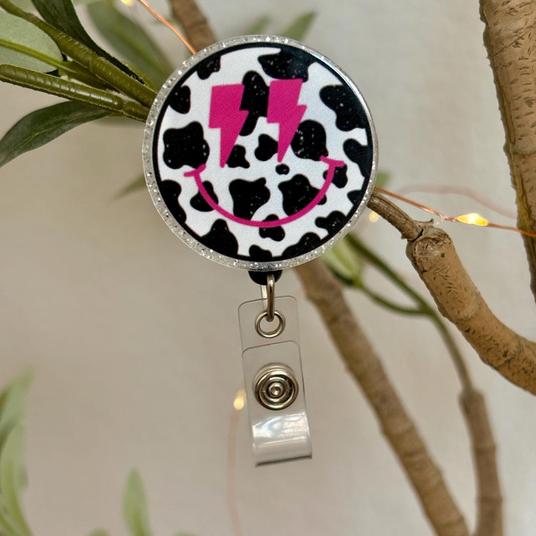 Cow Print Smiley Face Badge Reel Alligator Clip, Belt Clip or ...