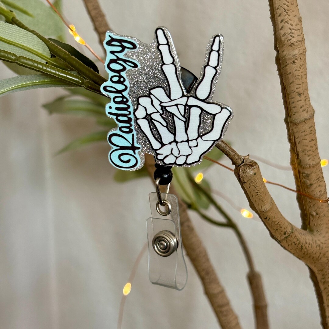 Skeleton Hand Peace Sign Radiology Badge Reel Alligator Clip, Belt Clip ...