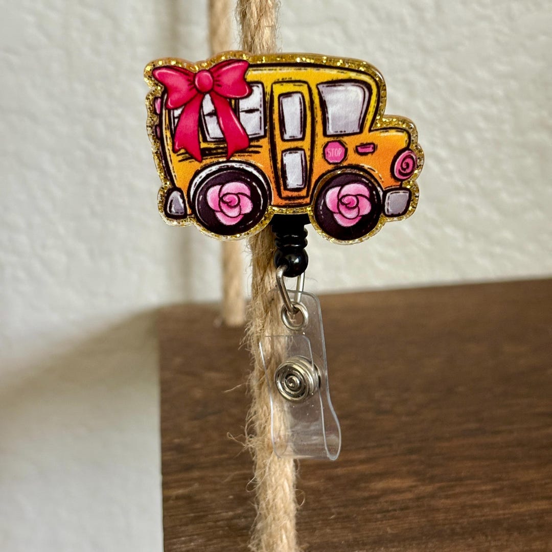 School Bus With Bow Badge Reel - Etsy