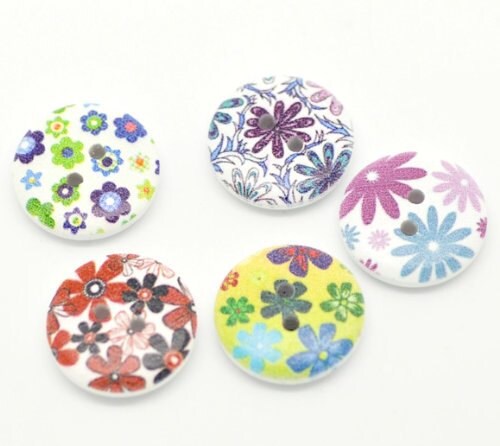 25 Wooden Painted Two Hole Buttons Floral Design Assortment // - Etsy