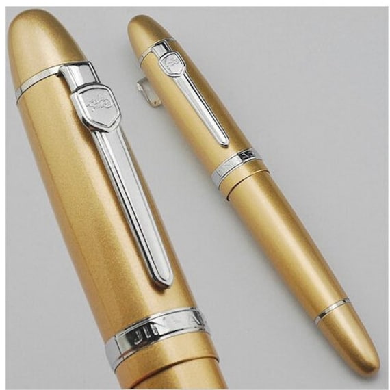 Classic Heavy Golden Fountain Pen Medium Nib Silver Trim | Etsy