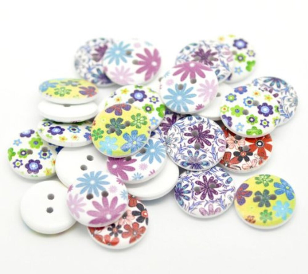 25 Wooden Painted Two Hole Buttons Floral Design Assortment // 19mm ...
