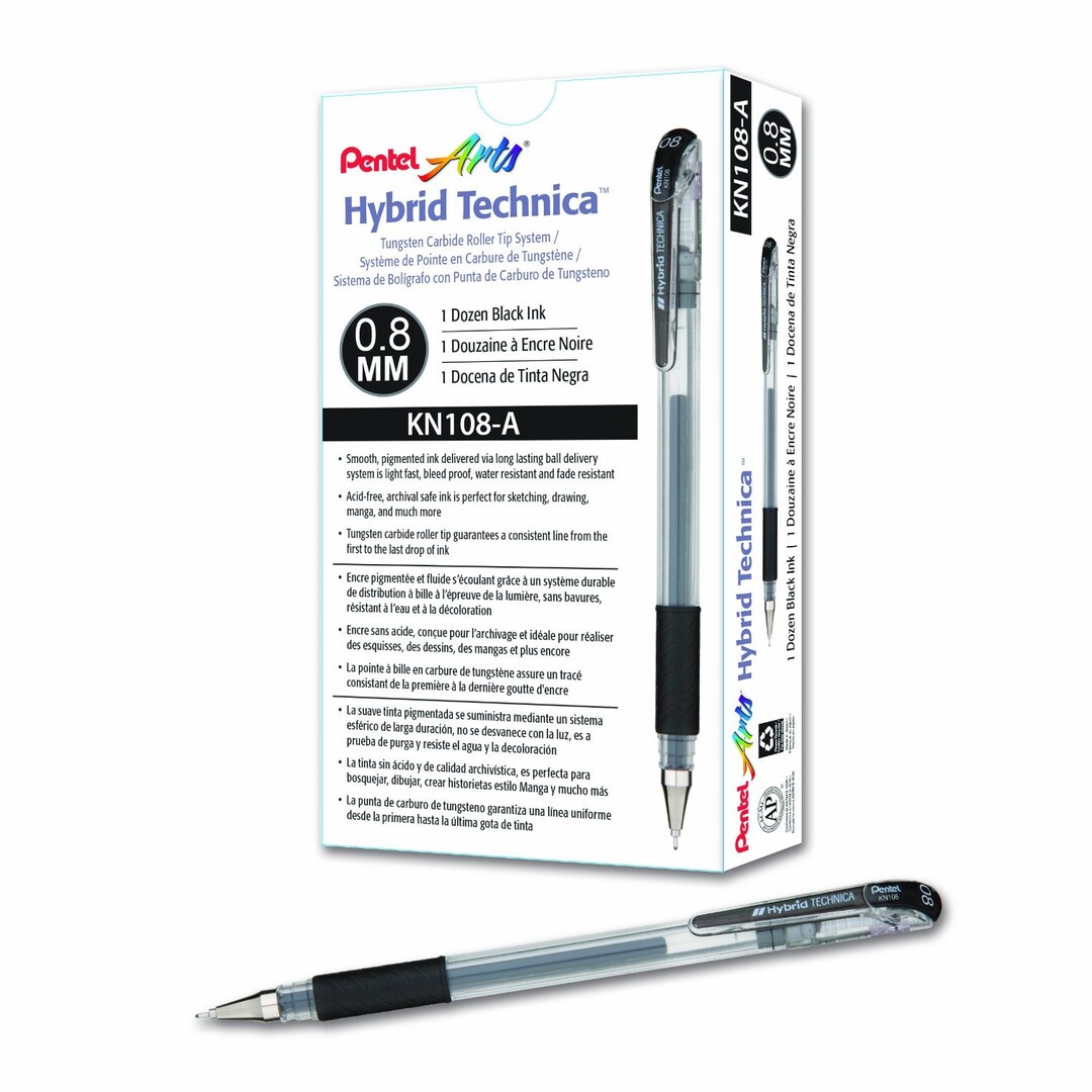 12 Black Pentel Hybrid Technica Gel Pens, 0.8 Mm Tungsten Tip; Adult ...