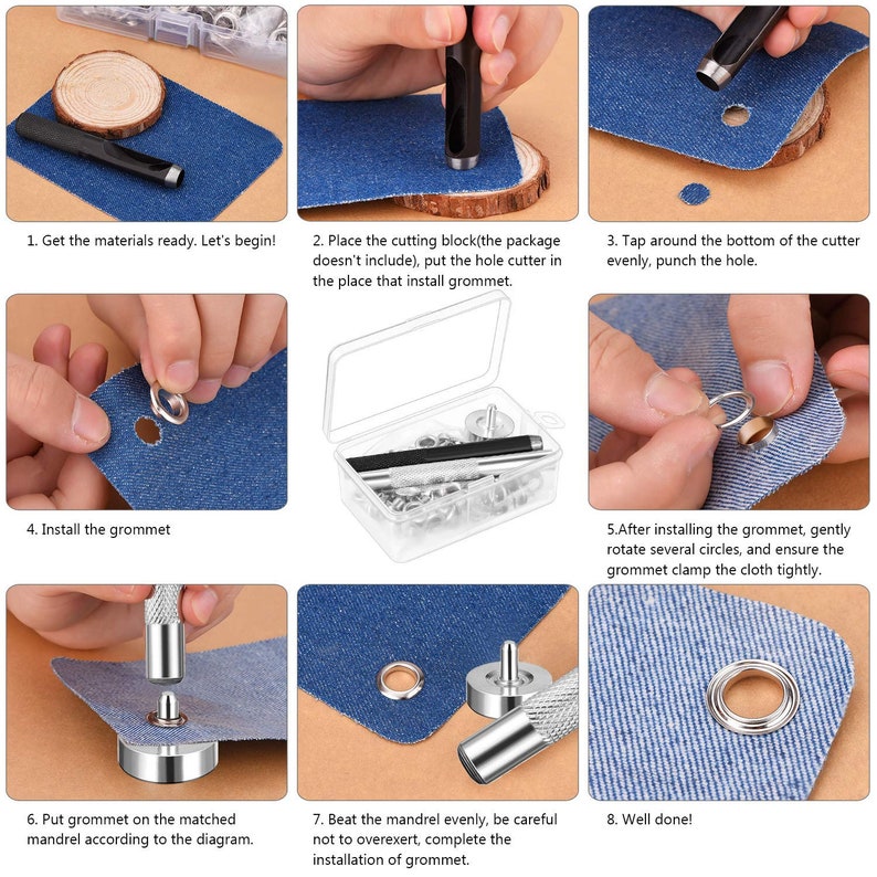 Grommet Kit: Hole Cutter, Mandrel and 100 Grommets Eyelets, 1/4-inch, 6 ...