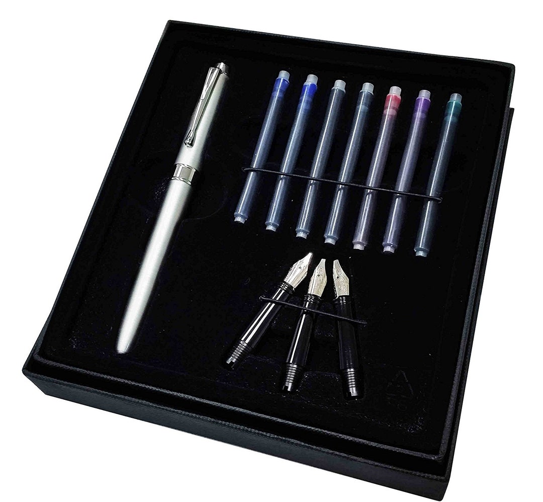 Silver Calligraphy Fountain Pen Set, 3 Broad B Italic Nibs, 1.1, 1.5, 1 ...