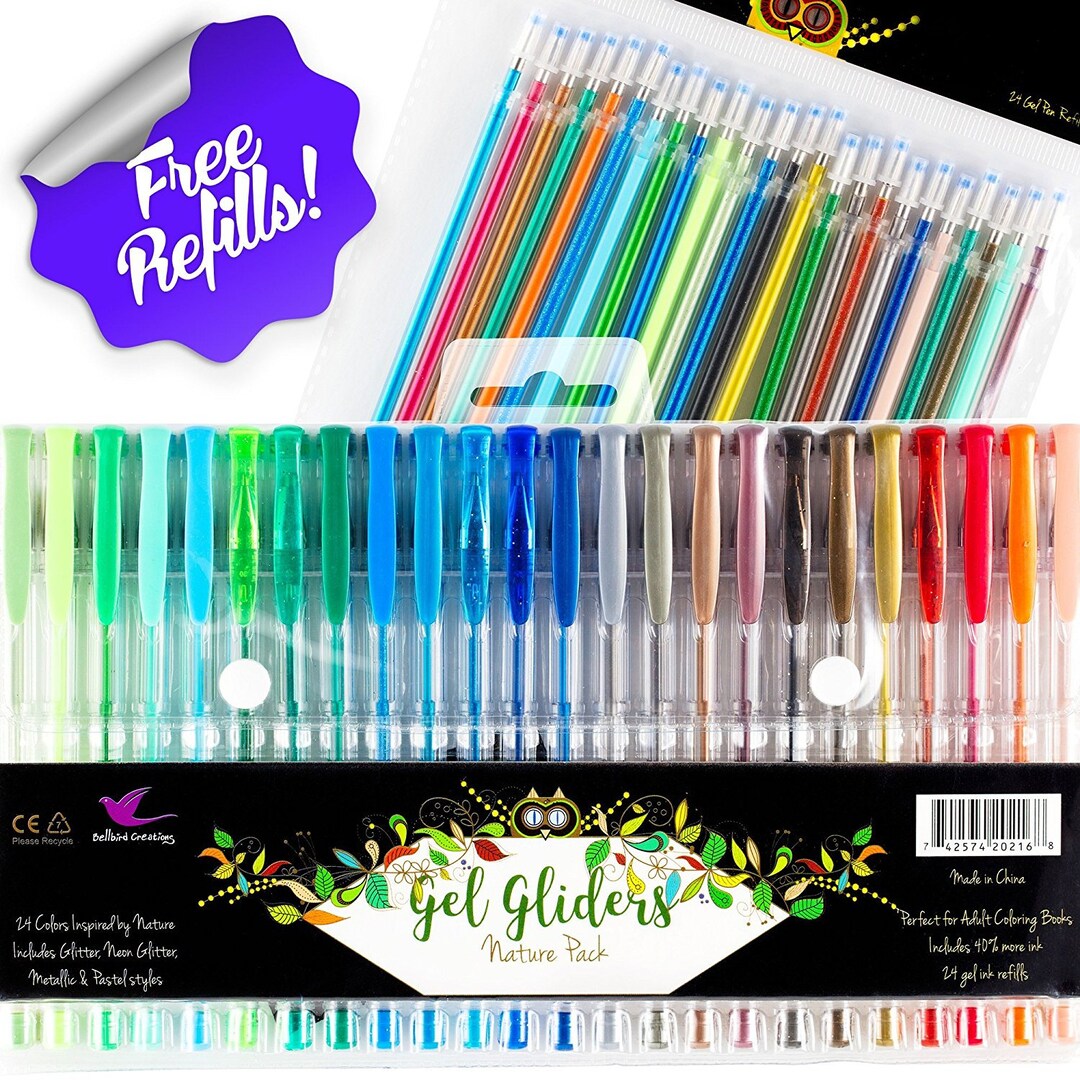 24 Coloring Gel Pens Plus 24 Free Gel Ink Refills; Adult Coloring Books ...